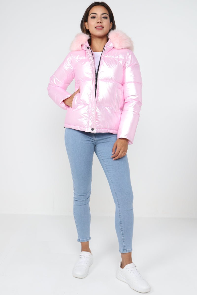 Metalic Pink Puffer Jacket with Faux Fur on Hood – Love Sunshine