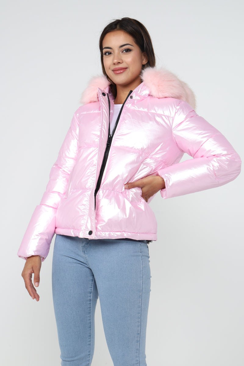 Metalic Pink Puffer Jacket with Faux Fur on Hood – Love Sunshine