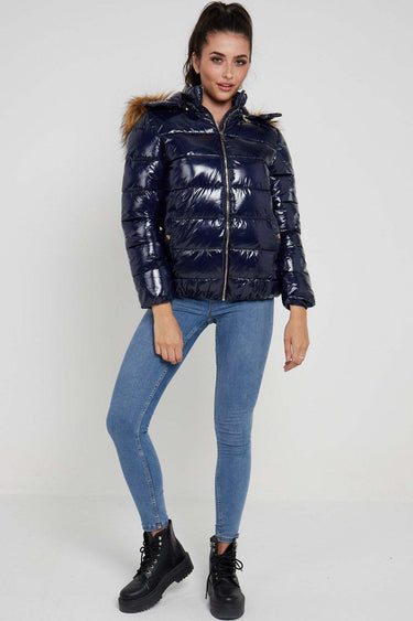 Wet Look Padded Jacket with Faux Fur Hood in Shiny Navy – LOVE SUNSHINE